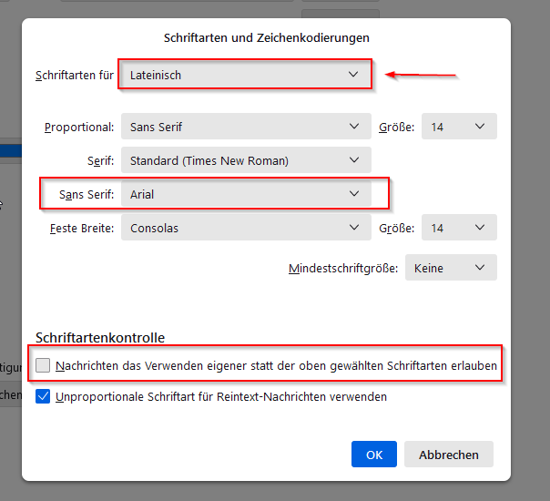 Force Font Family And Size In Thunderbird EMails Replies
